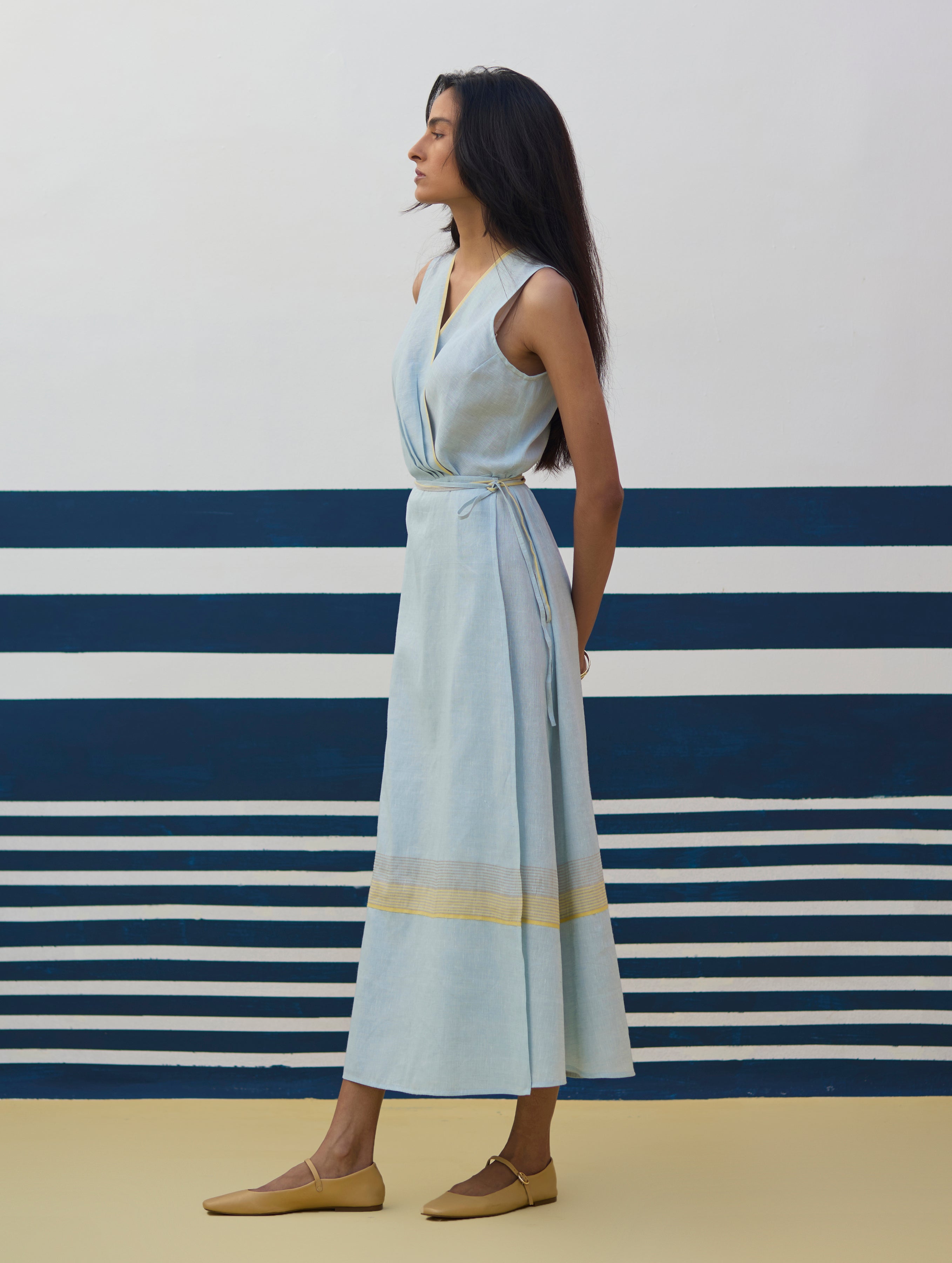 Ava Border Linen Wrap Dress - Sky – Manan