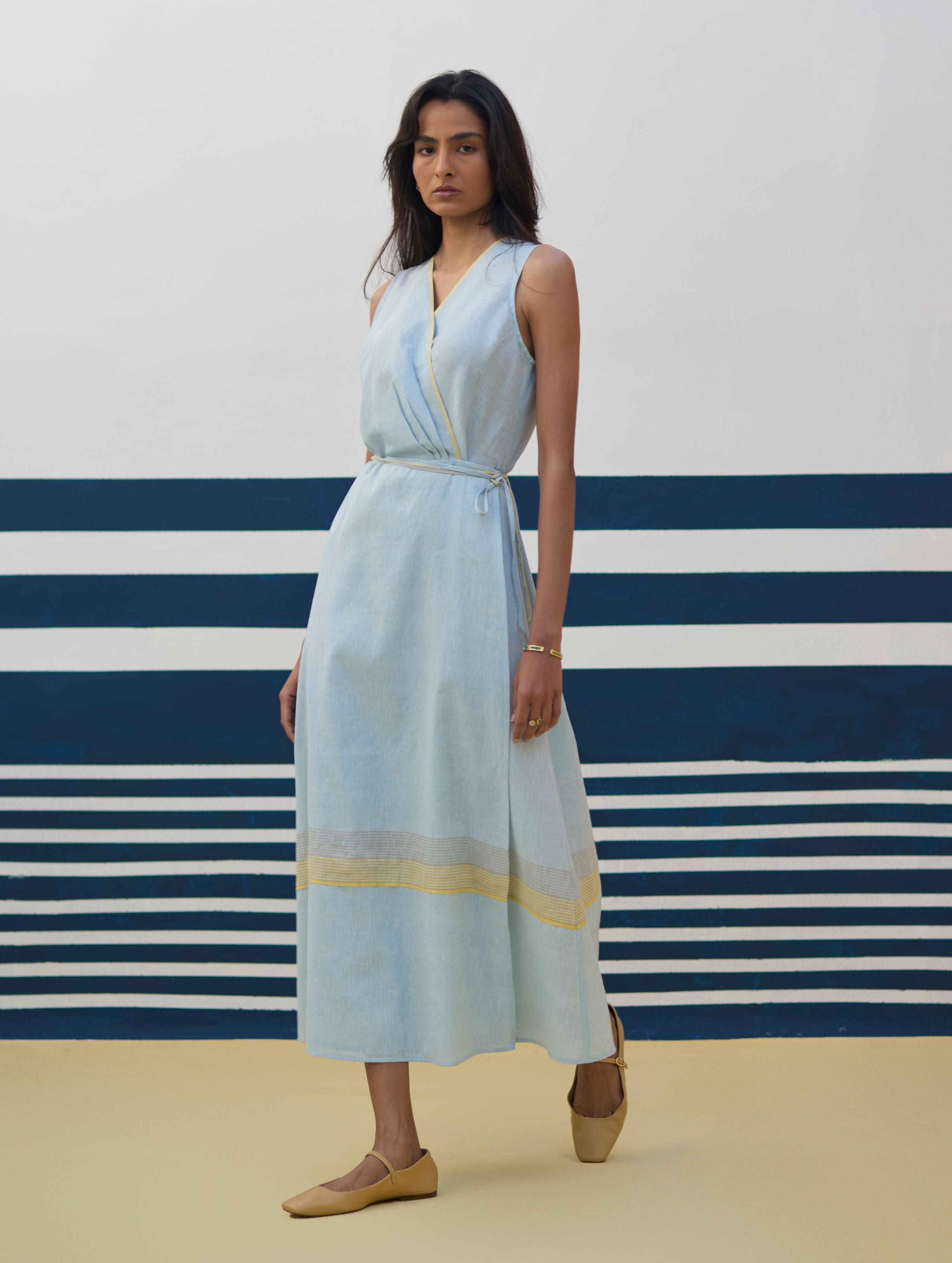 Ava Border Linen Wrap Dress - Sky – Manan