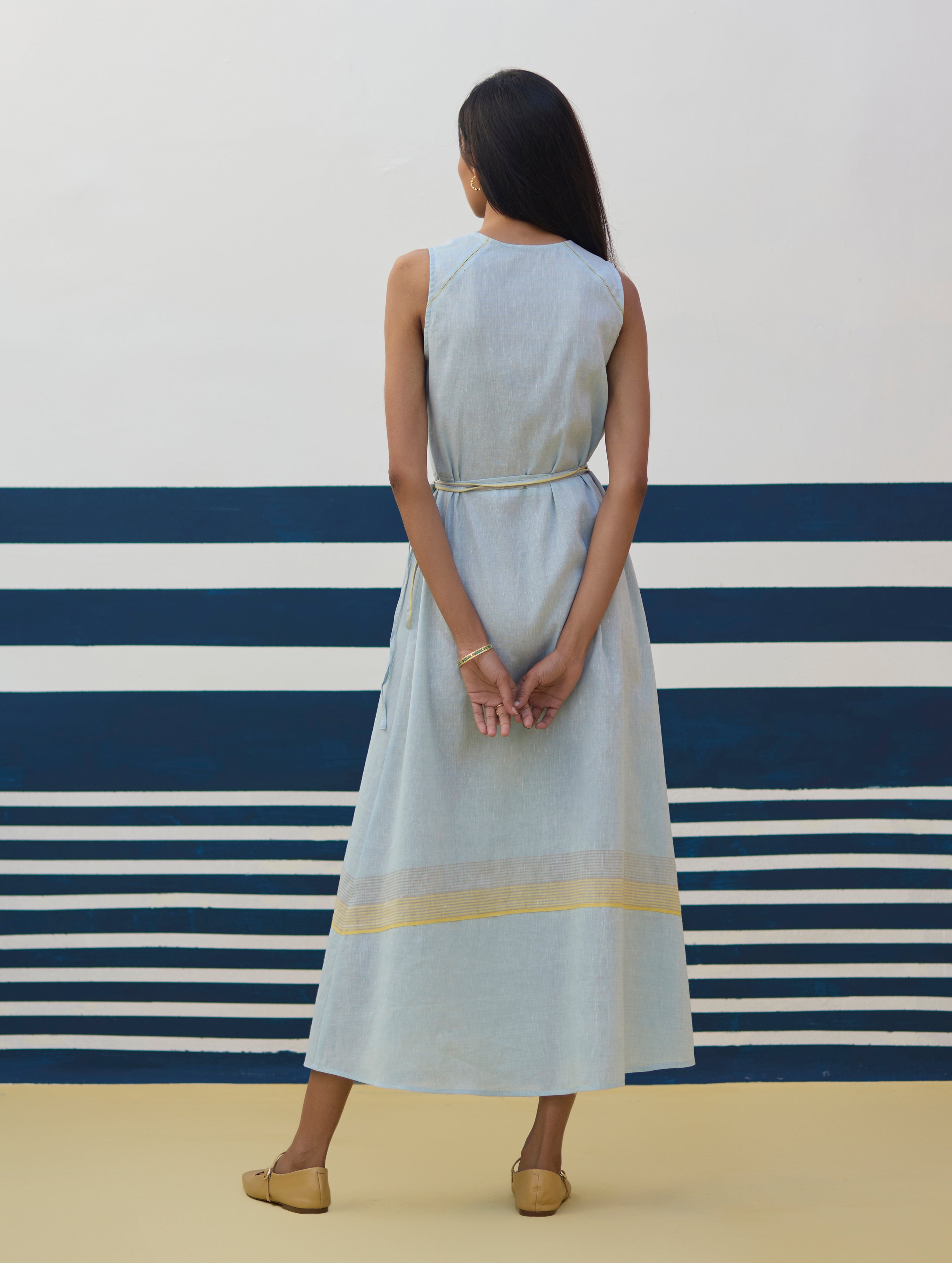 Ava Border Linen Wrap Dress - Sky – Manan