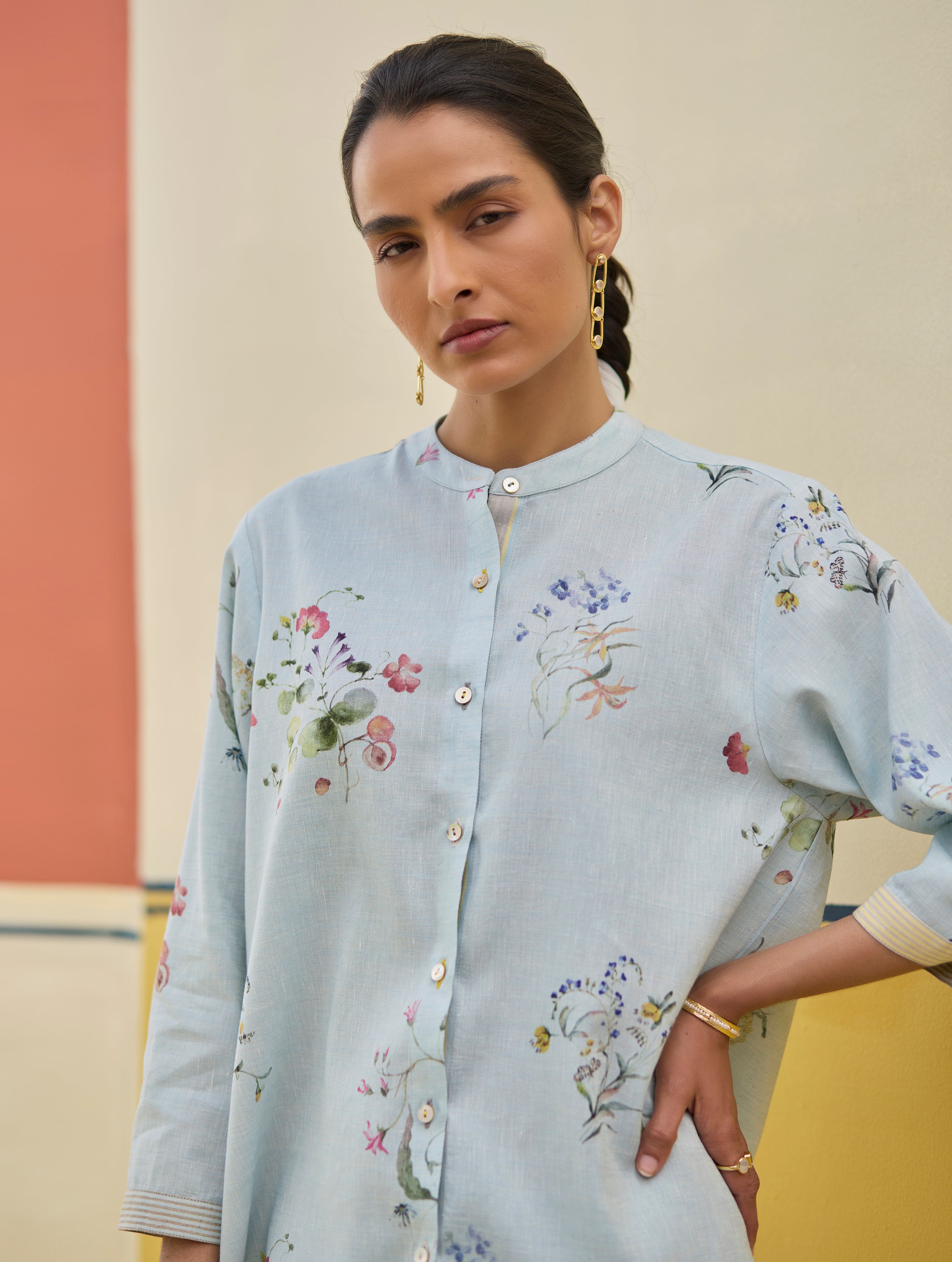 Vani Watercolour Floral Shirt - Sky – Manan
