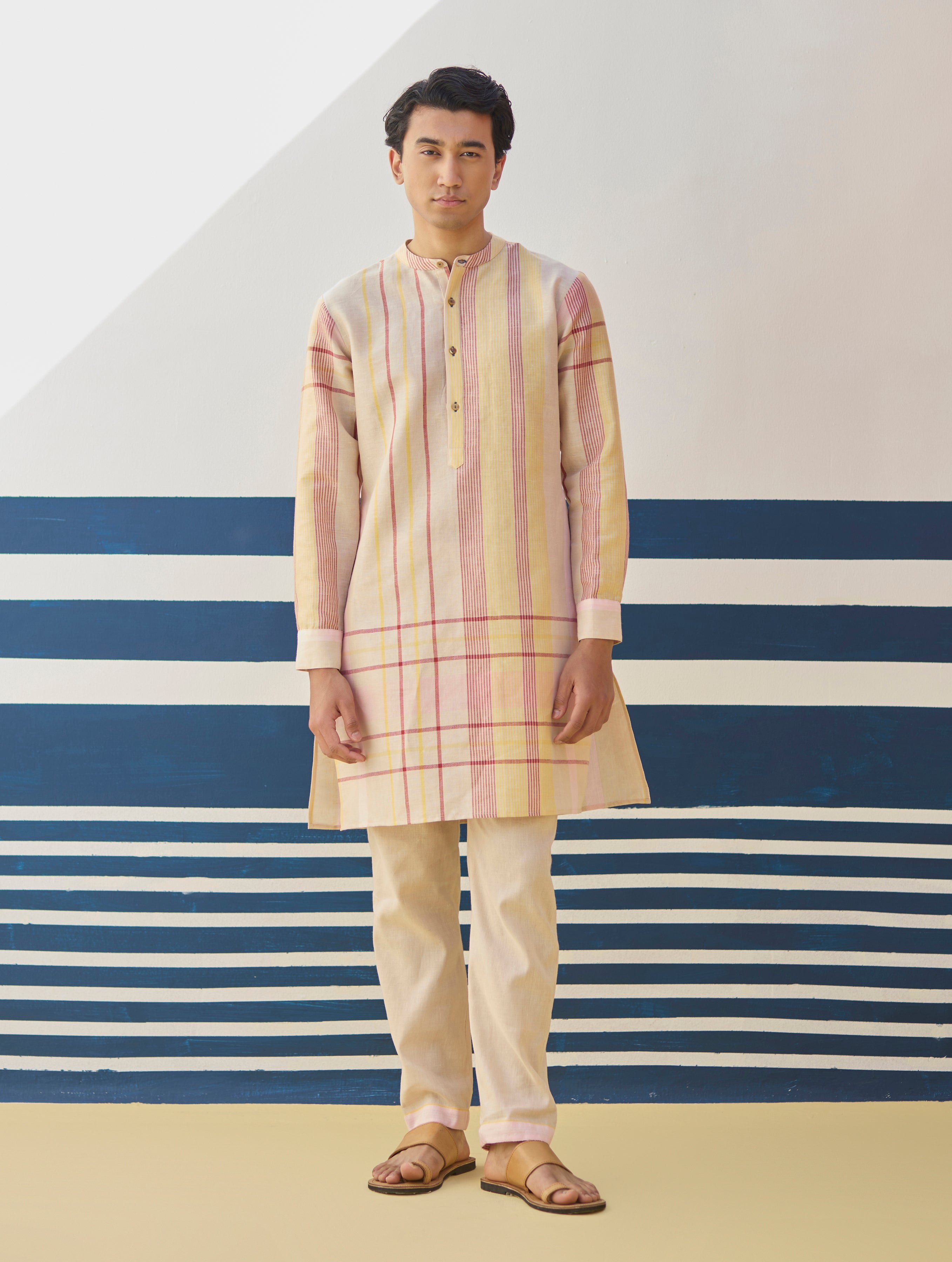 Dako Check Linen Kurta Set - Sand – Manan
