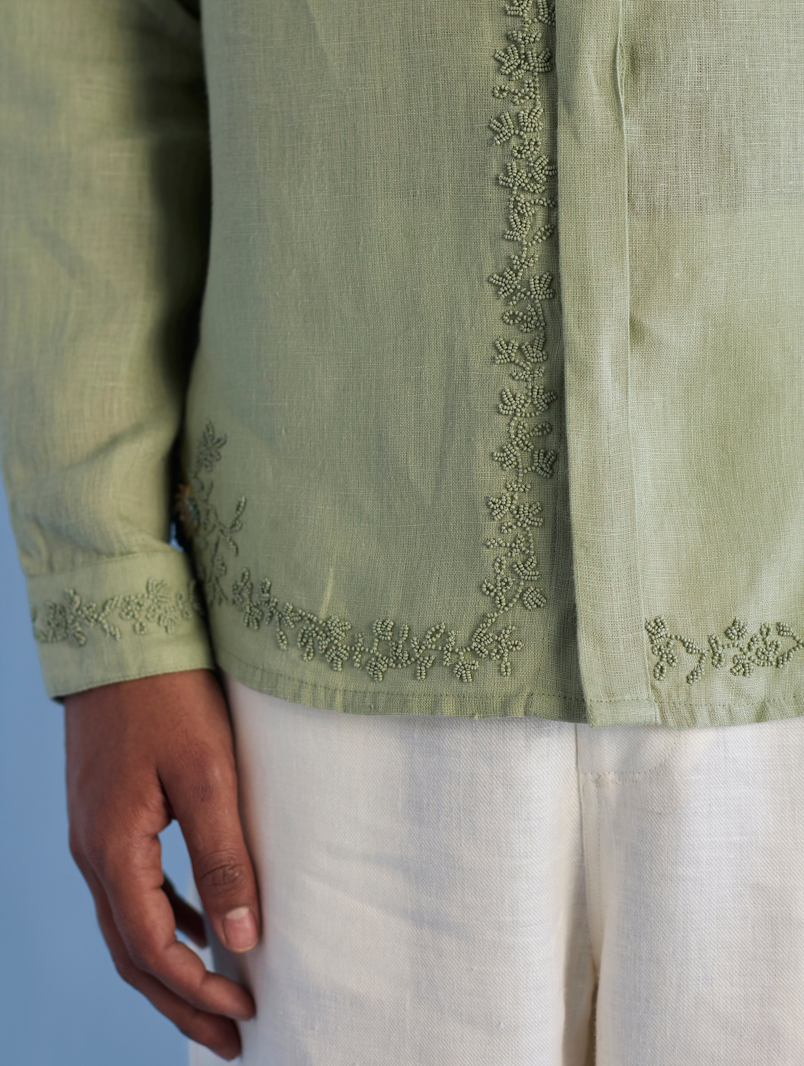 Kuru Hand-Embroidered Linen Shirt - Mint – Manan