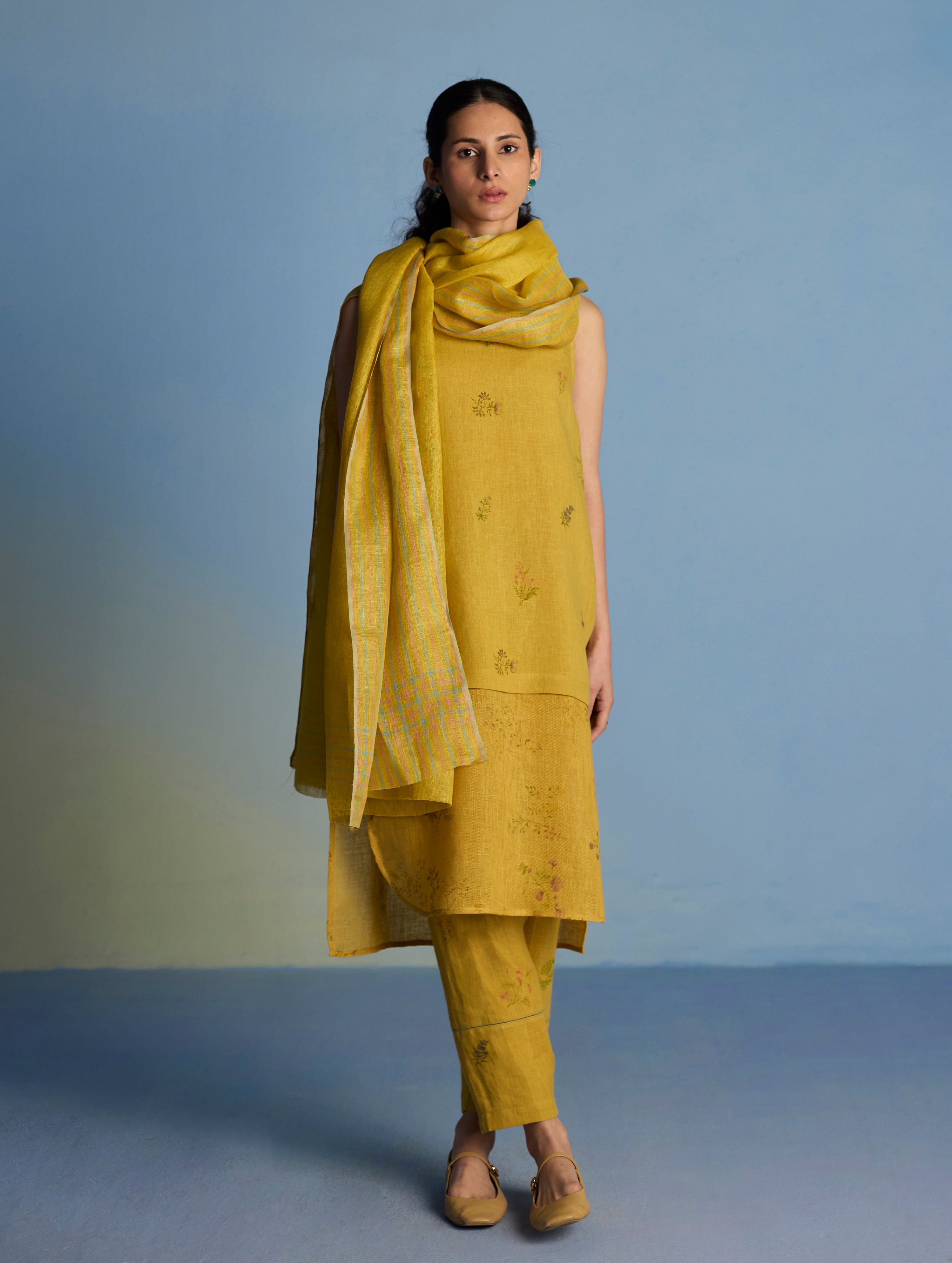 Aneya Patchwork Floral Linen Kurta Set - Ochre – Manan
