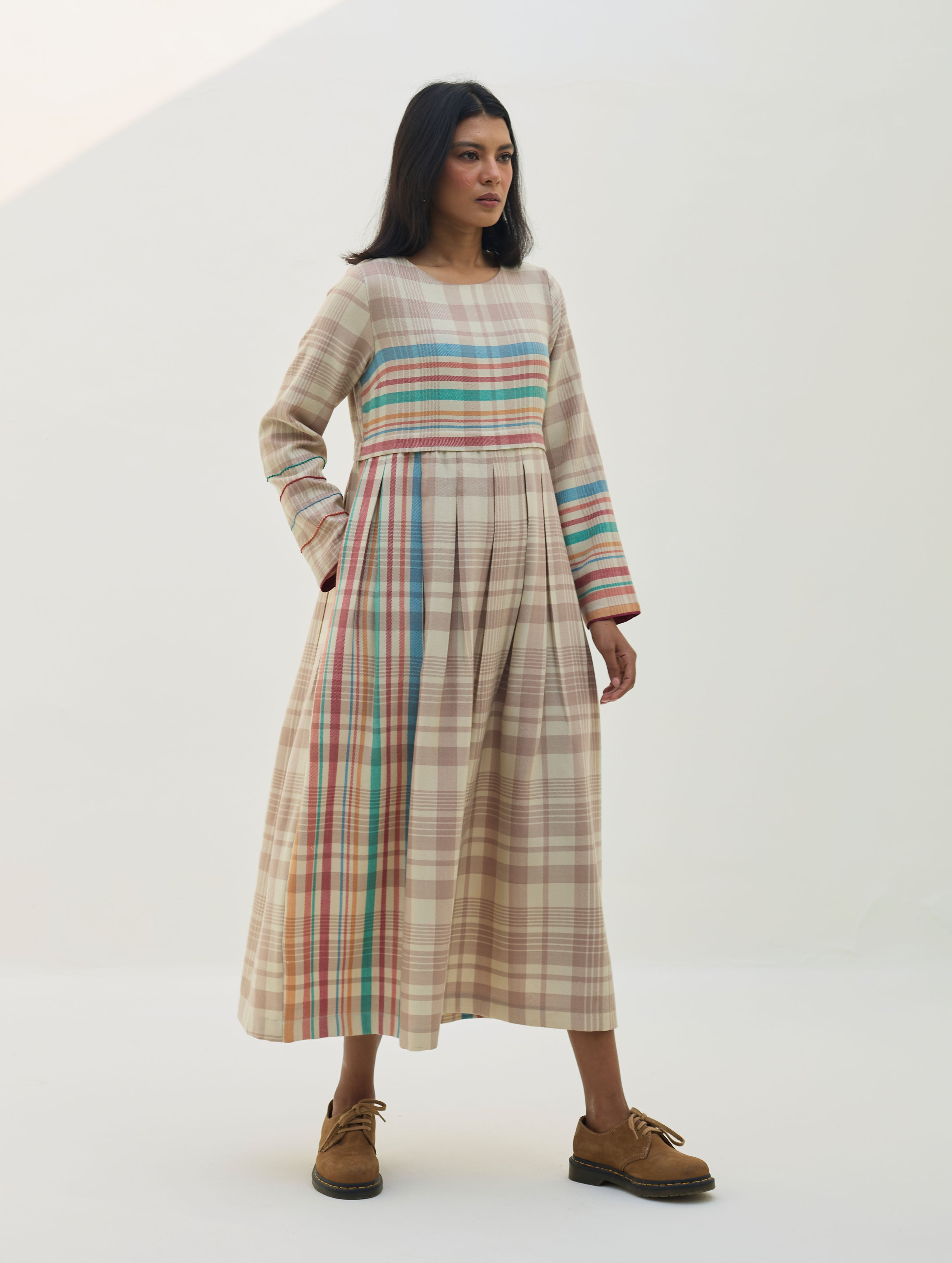 Buy Fiona Beige Merino Wool Pleated Dress | Manan