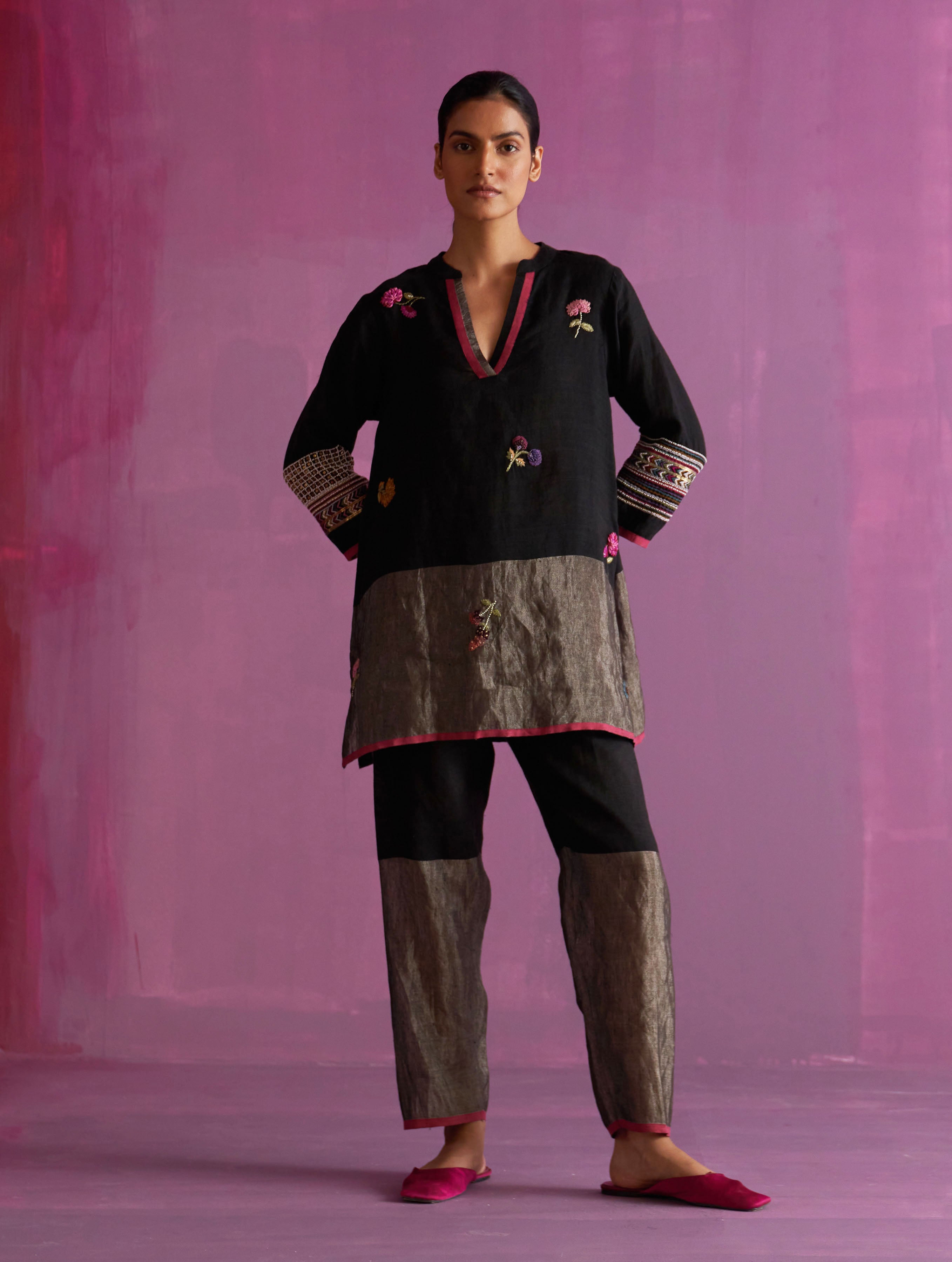 Cyra Floral Hand-Embroidered Kurta - Black – Manan