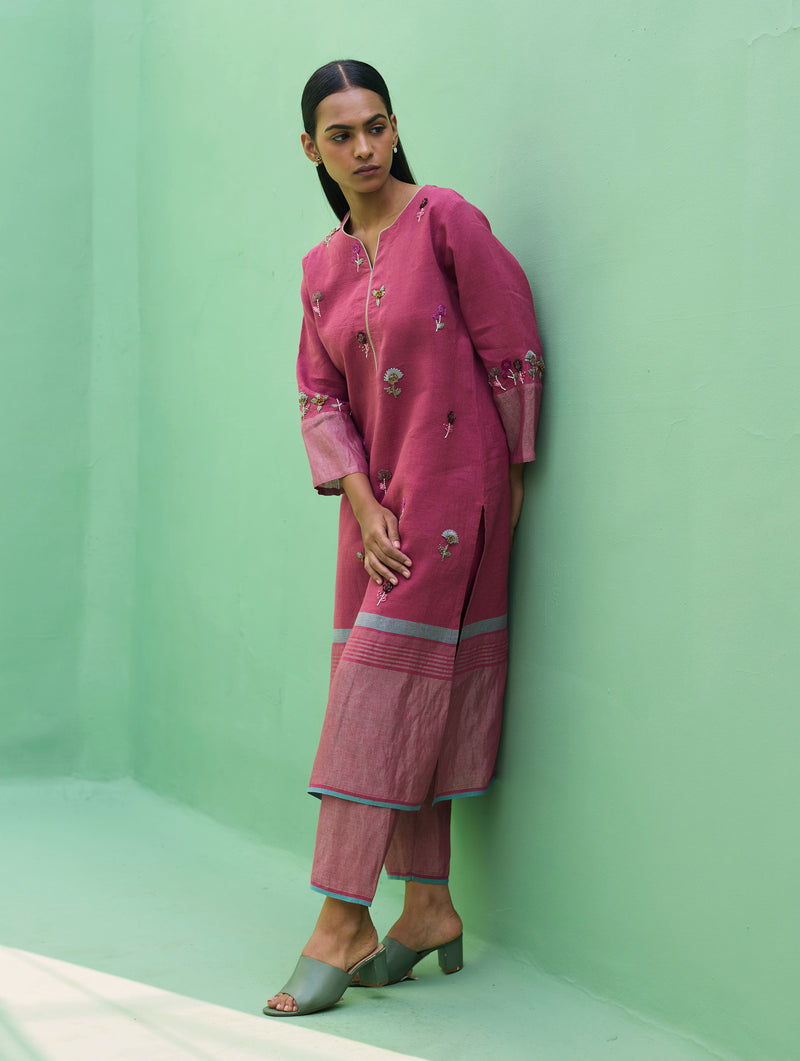Buy Emile Metallic Linen Hand-Embroidered Kurta Set with Pants and ...