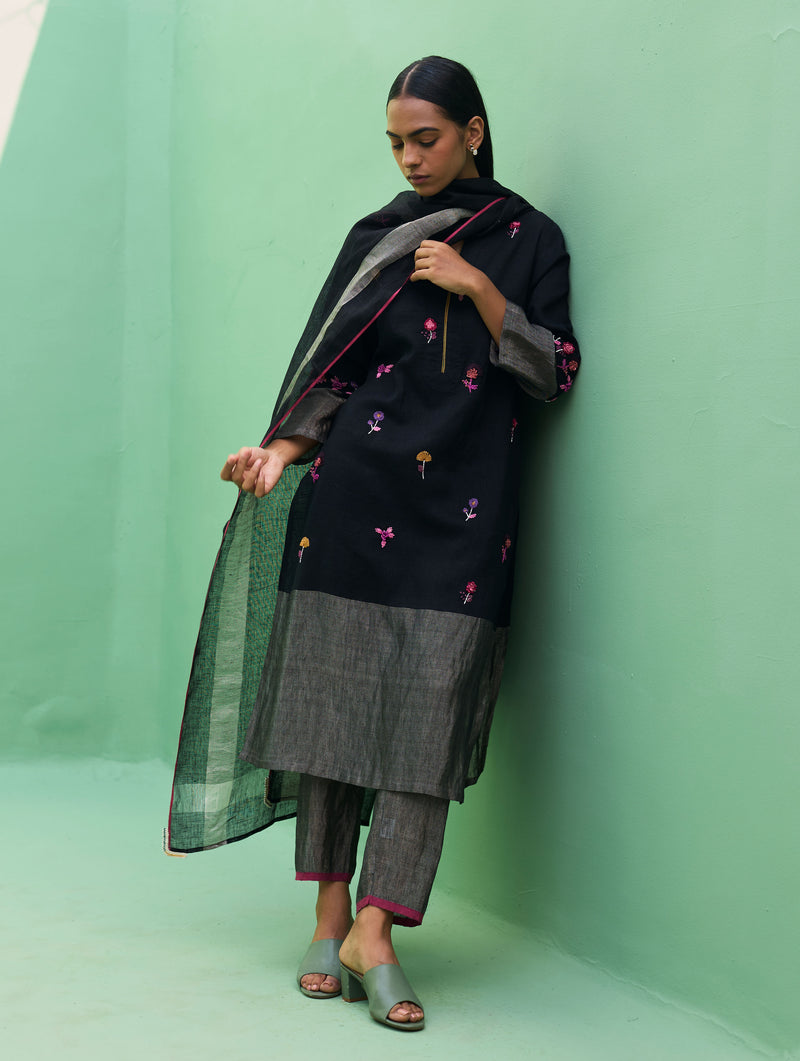 Buy Emile Metallic Linen Hand-Embroidered Kurta Set with Pants and ...