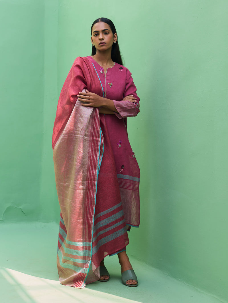 Buy Emile Metallic Linen Hand-Embroidered Kurta Set with Pants and ...