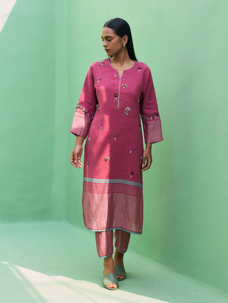 Buy Emile Metallic Linen Hand-Embroidered Kurta Set with Pants and ...