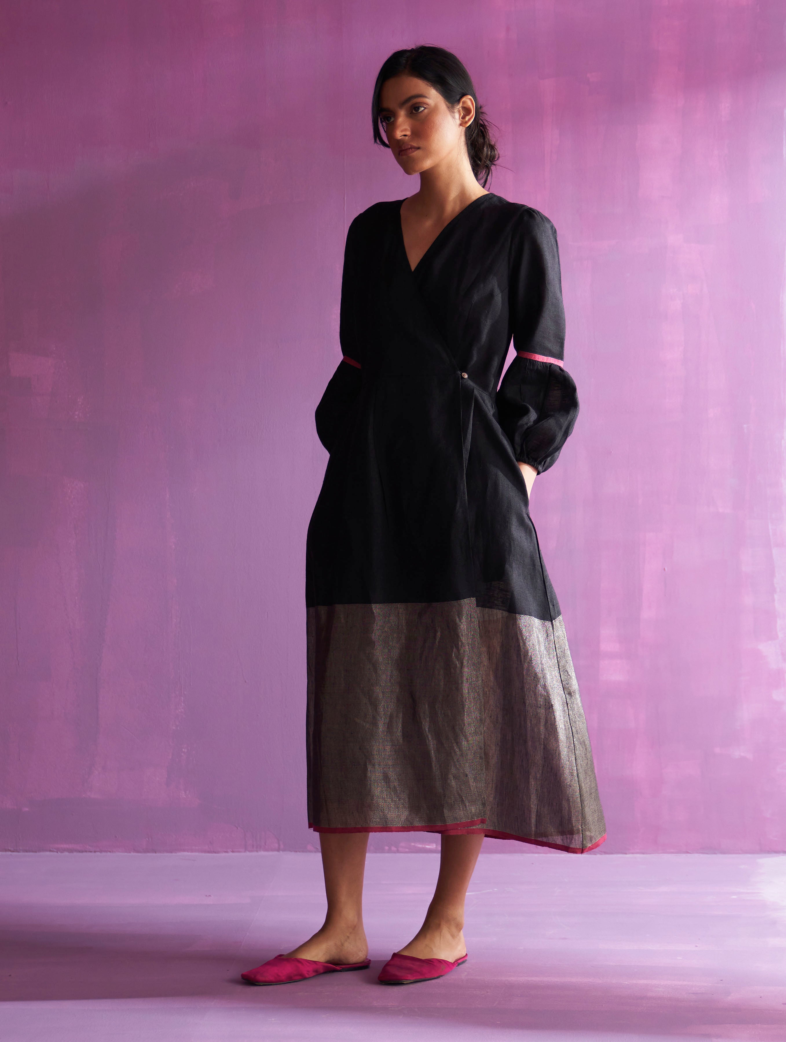 Zaina Metallic Wrap Dress - Black – Manan